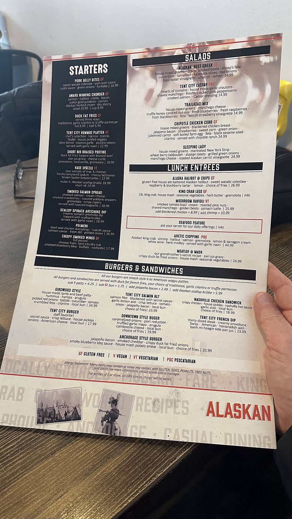 Menu at Tent City Taphouse pub & bar, Anchorage