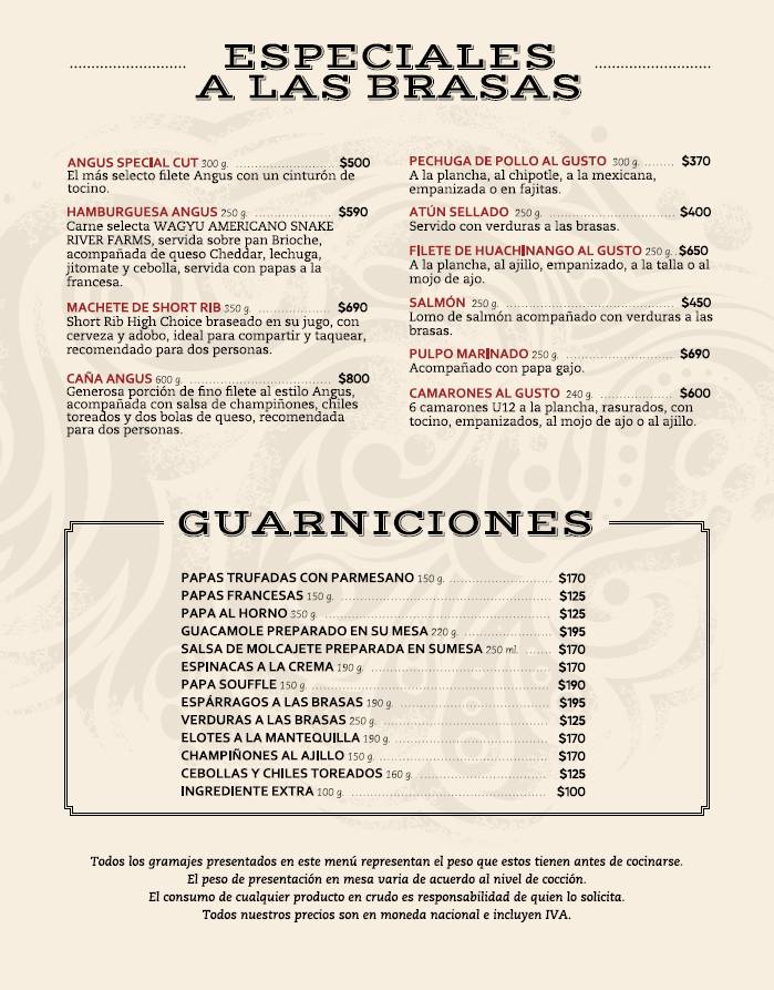 Carta del restaurante Angus, Naucalpan del Juárez