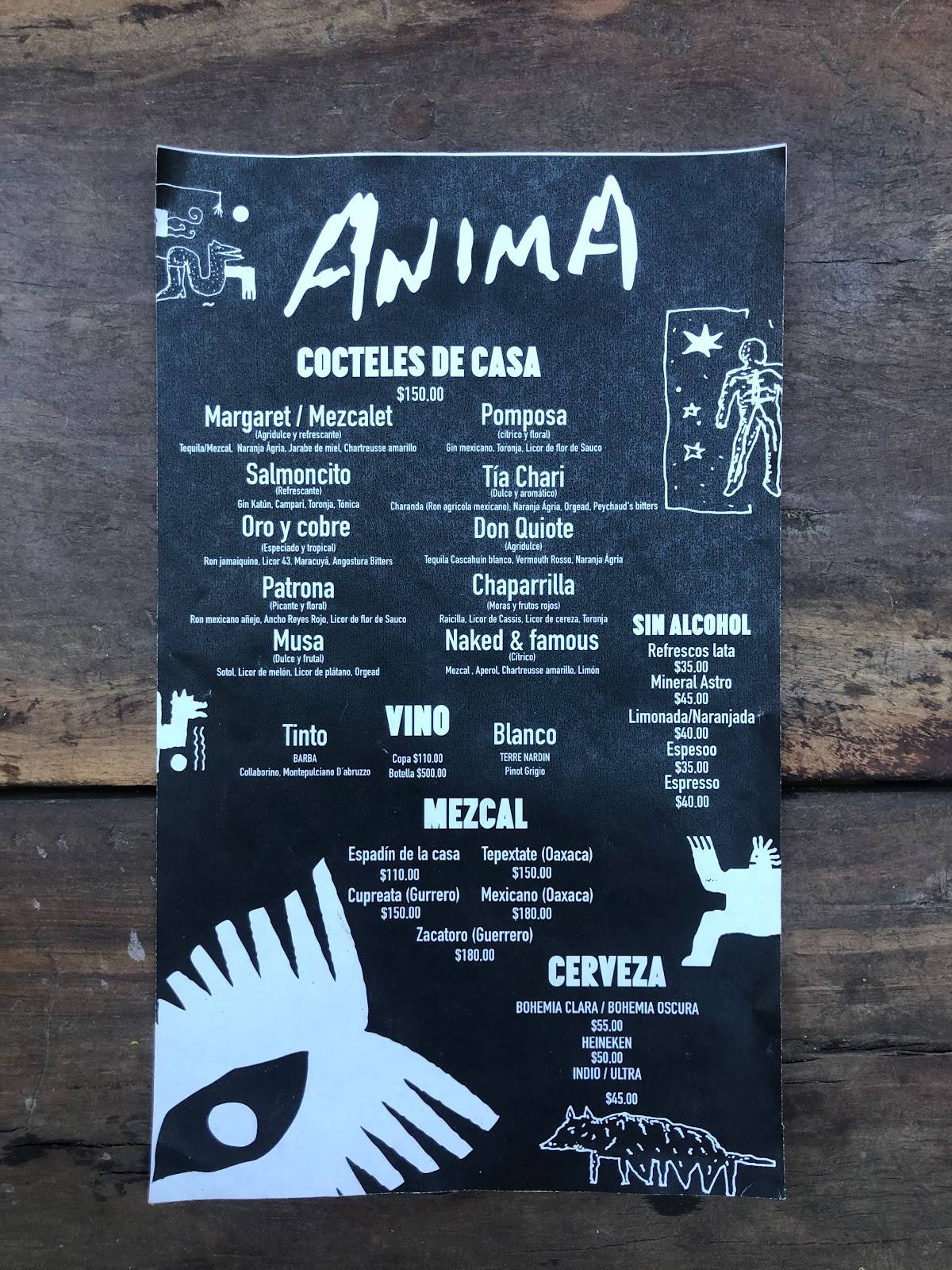Carta del restaurante Anima, Merida