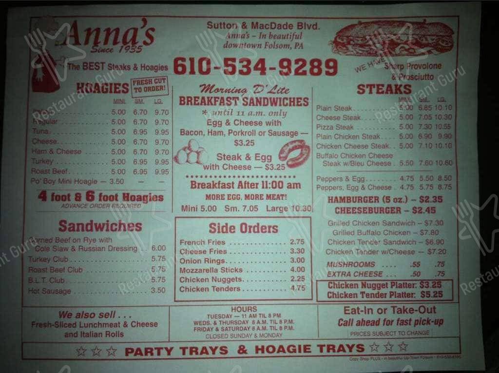 Menu at Anna's Sandwich Shop restaurant, Folsom