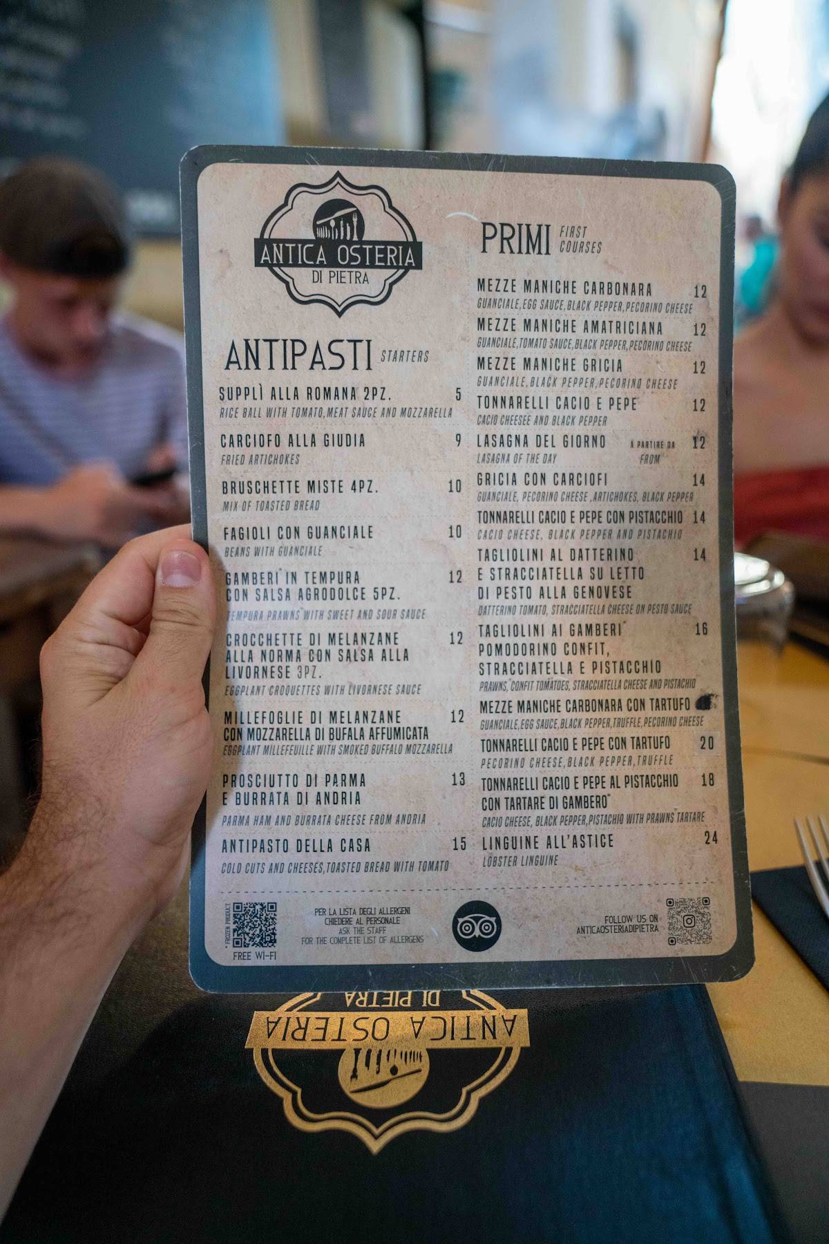 Menu at Antica Osteria di Pietra restaurant, Rome