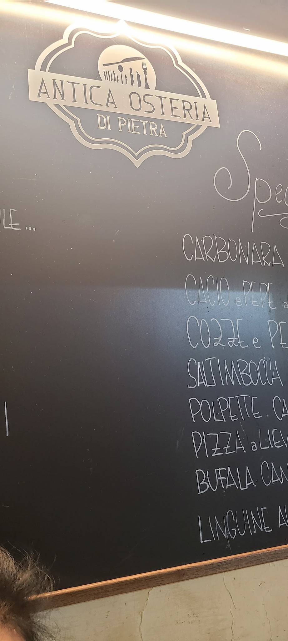 Menu at Antica Osteria di Pietra restaurant, Rome