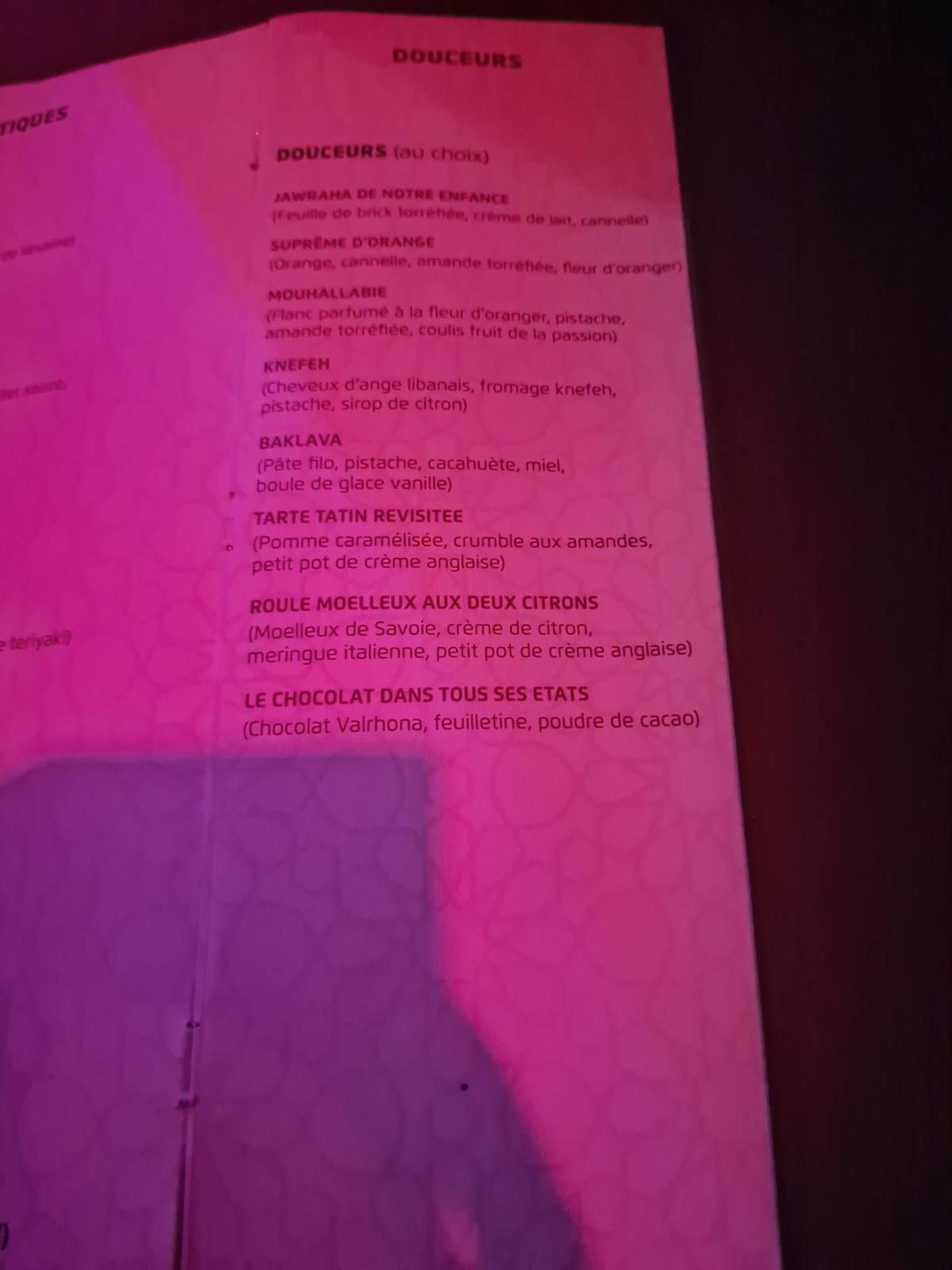 Menu au Antika Casablanca restaurant, Casablanca