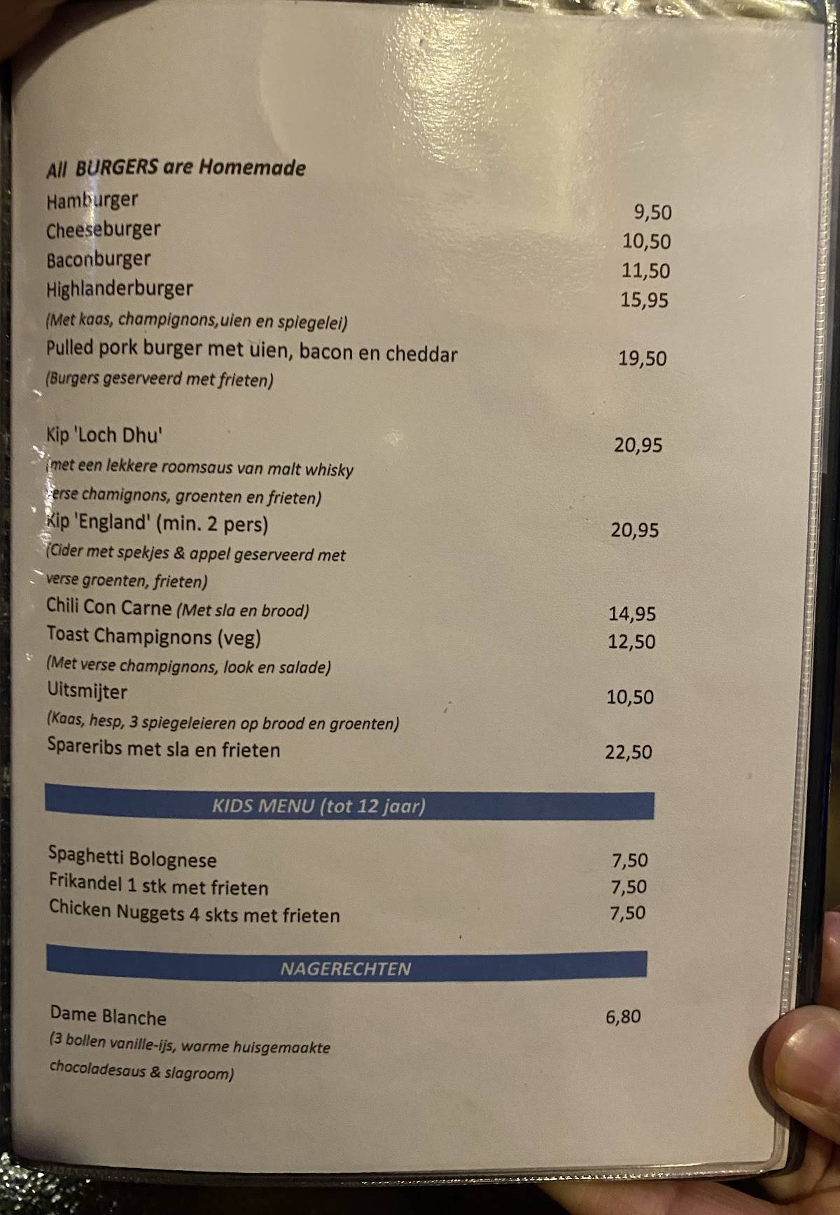 Menu at Highlander Cafe, Antwerp, Stadswaag 21