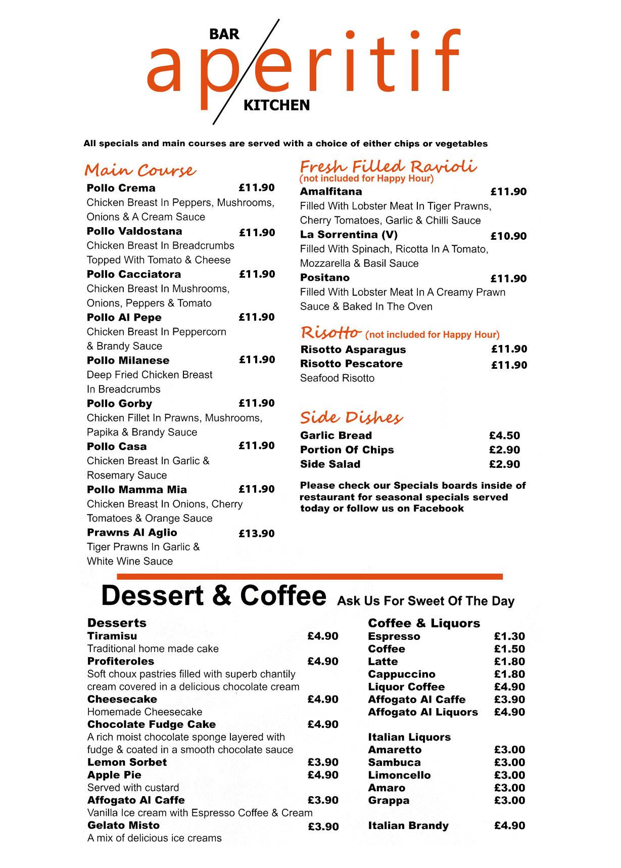 Menu at Aperitif restaurant, Sunderland