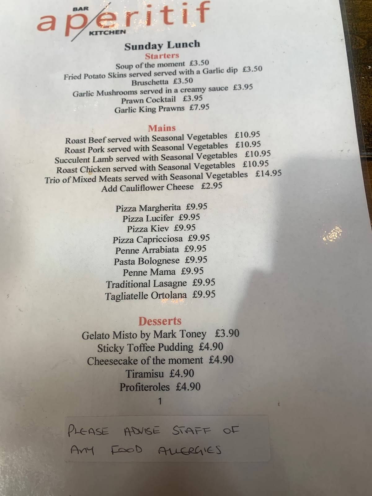 Menu at Aperitif restaurant, Sunderland