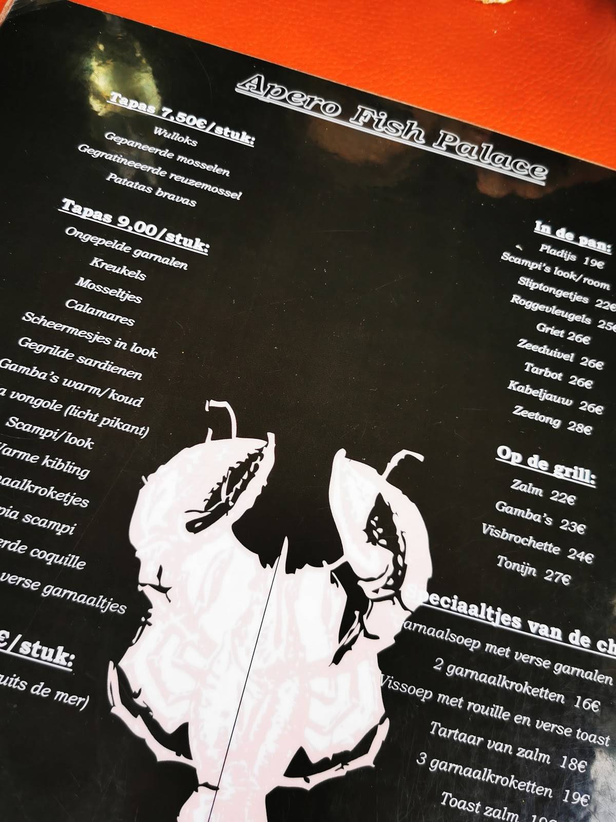 Menu at Apero Fish Palace, Ostend, Nieuwstraat 5
