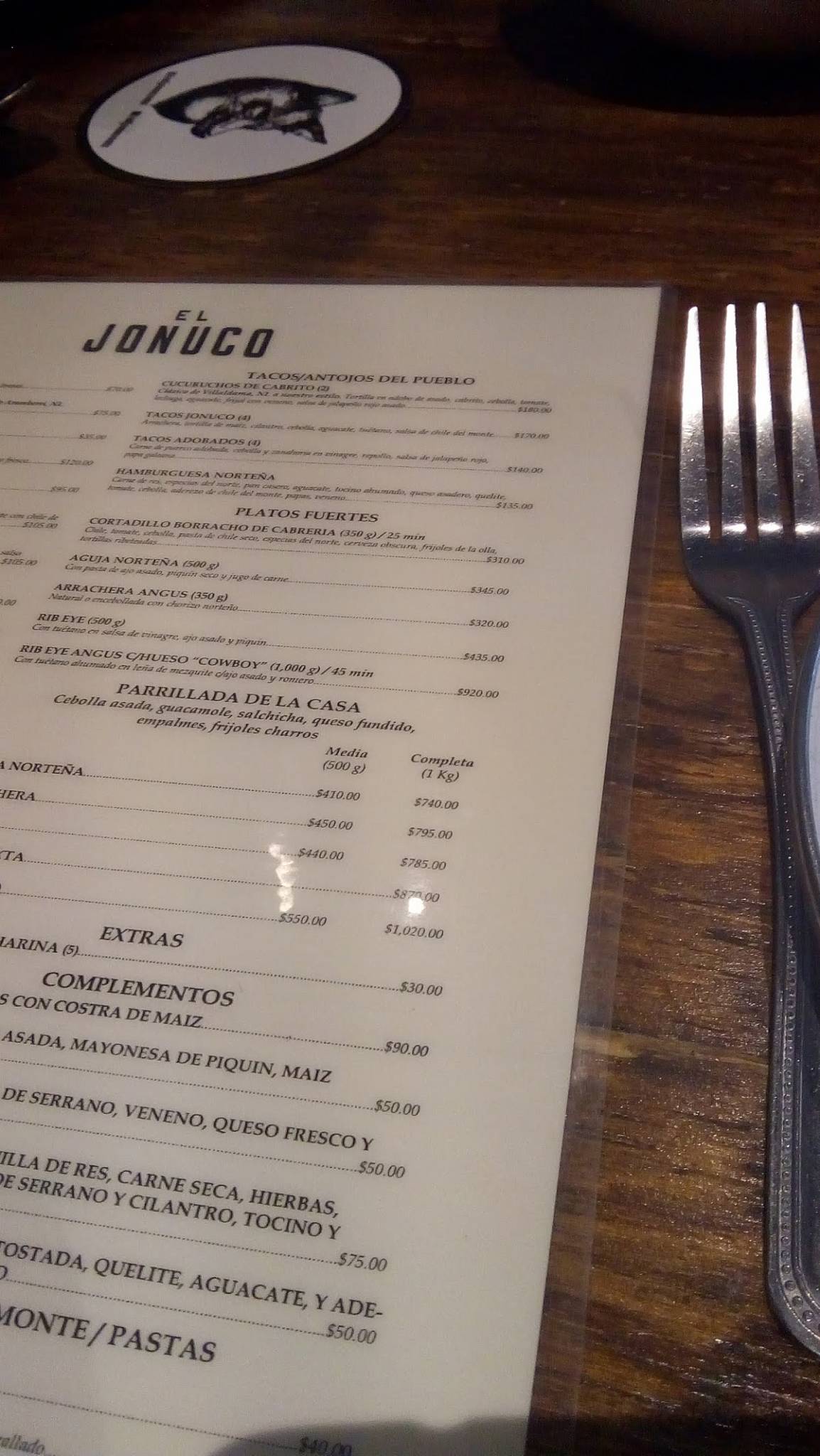 Carta del restaurante El Jonuco, Apodaca