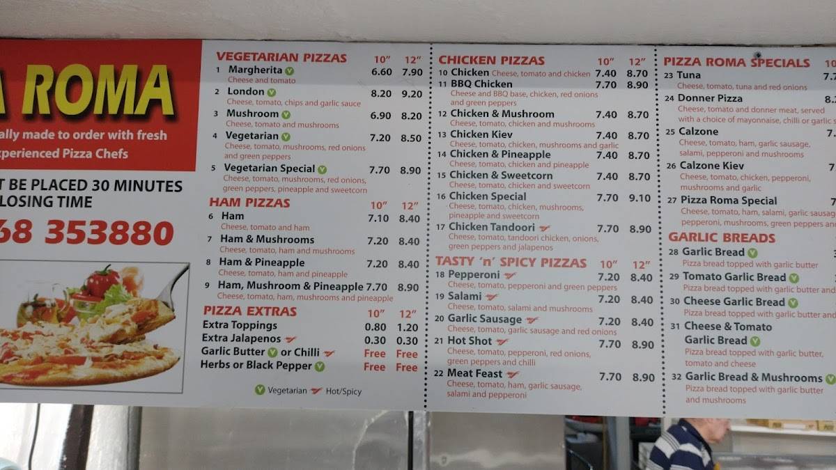 Menu at Pizza Roma pizzeria, Appleby-in-Westmorland