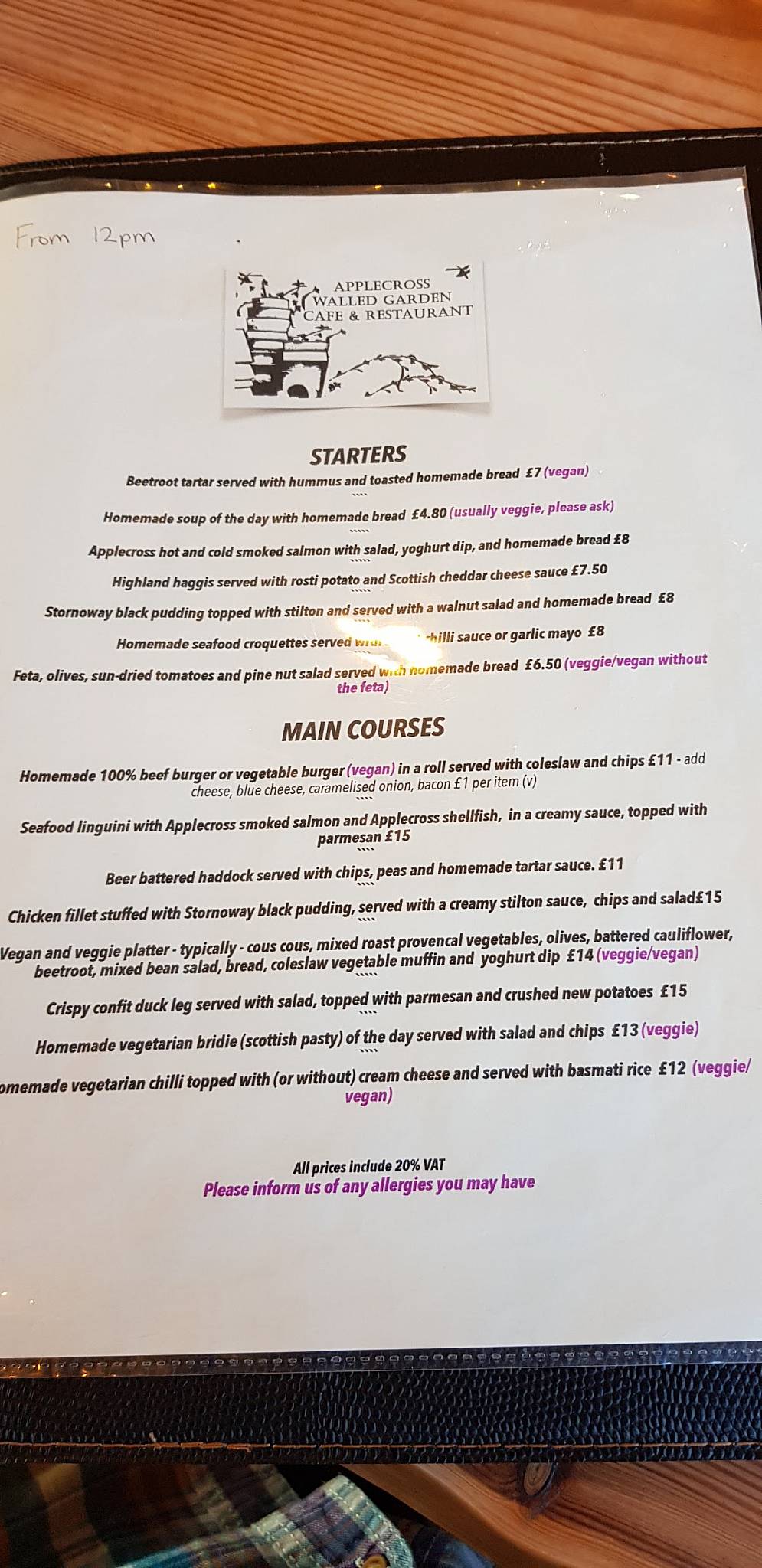 Menu at Applecross Walled Garden restaurant, Applecross