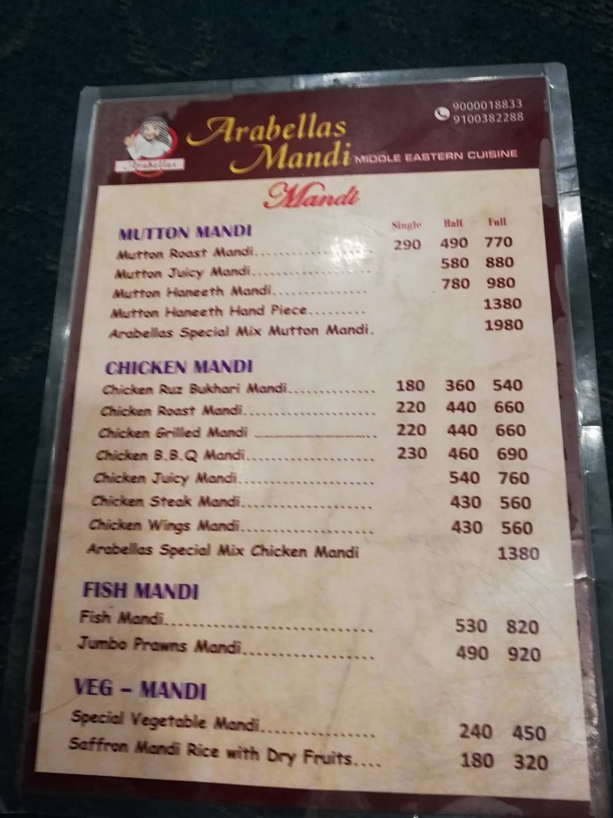 Menu at Arabellas Mandi, Hyderabad