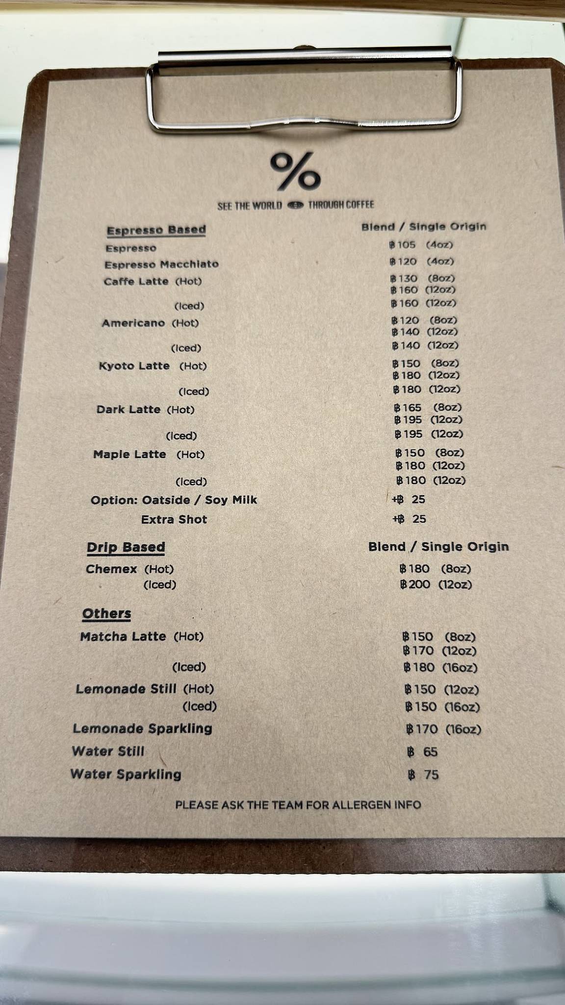 Menu at % Arabica Bangkok Park Silom, Bangkok