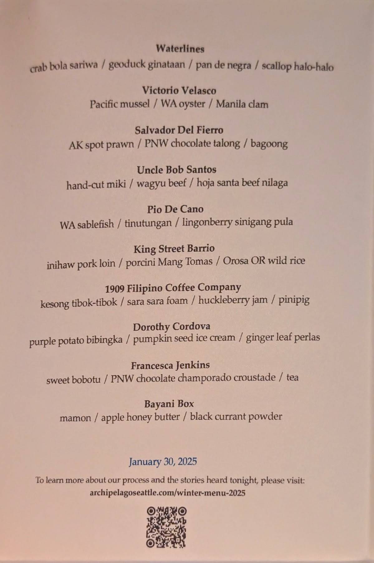 Menu at Archipelago restaurant, Seattle