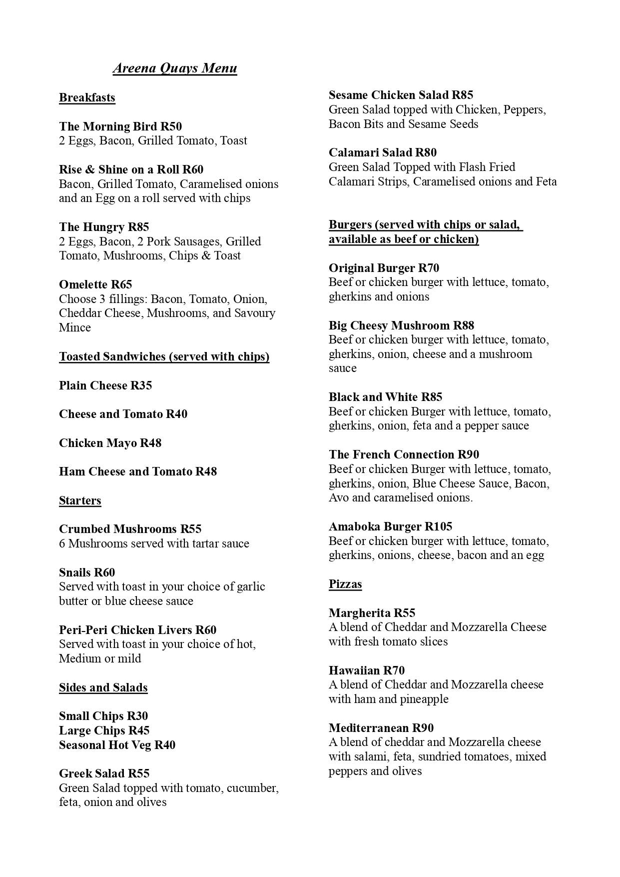 Menu at Areena Quays Restaurant, Amatola Coastal, Areena Riverside Resort