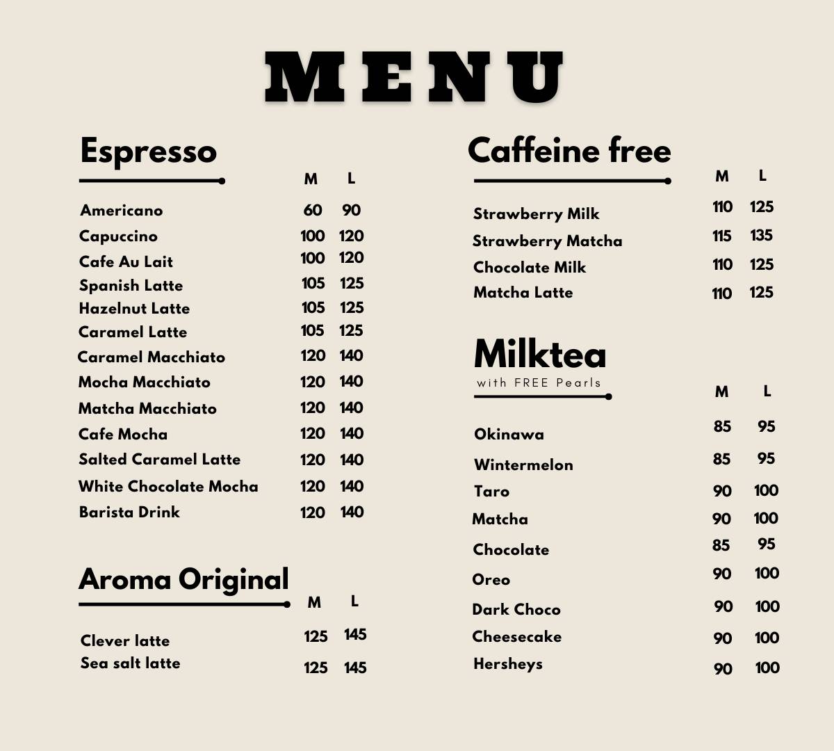 Carta de Aroma Caffe - Calamba, Calamba