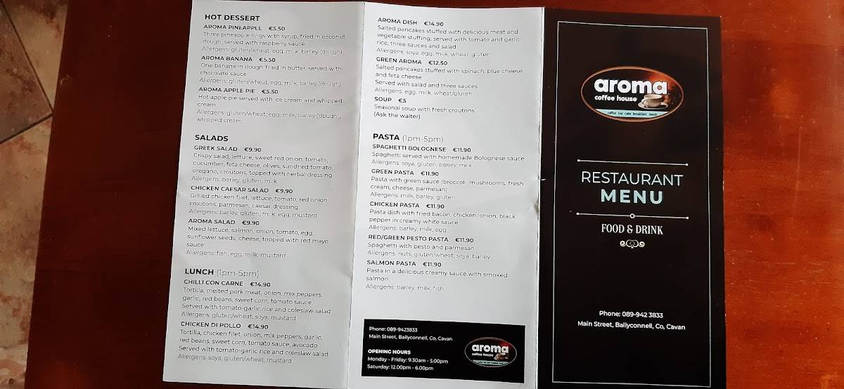 Menu at Aroma Coffee house, Ballyconnell