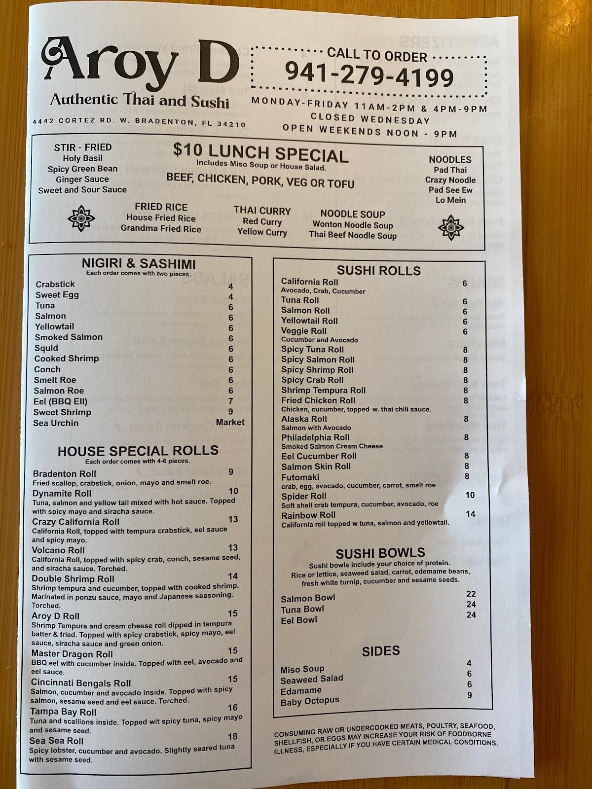 Menu at Aroy D Thai and Sushi restaurant, Bradenton