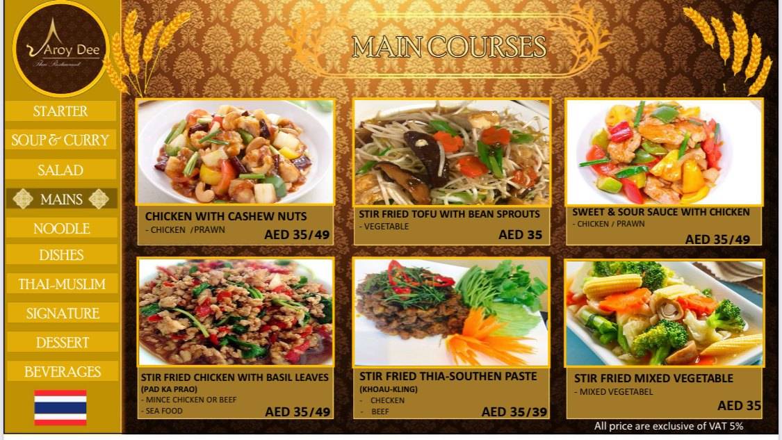 Menu at Aroy Dee Thai Restaurant, Abu Dhabi