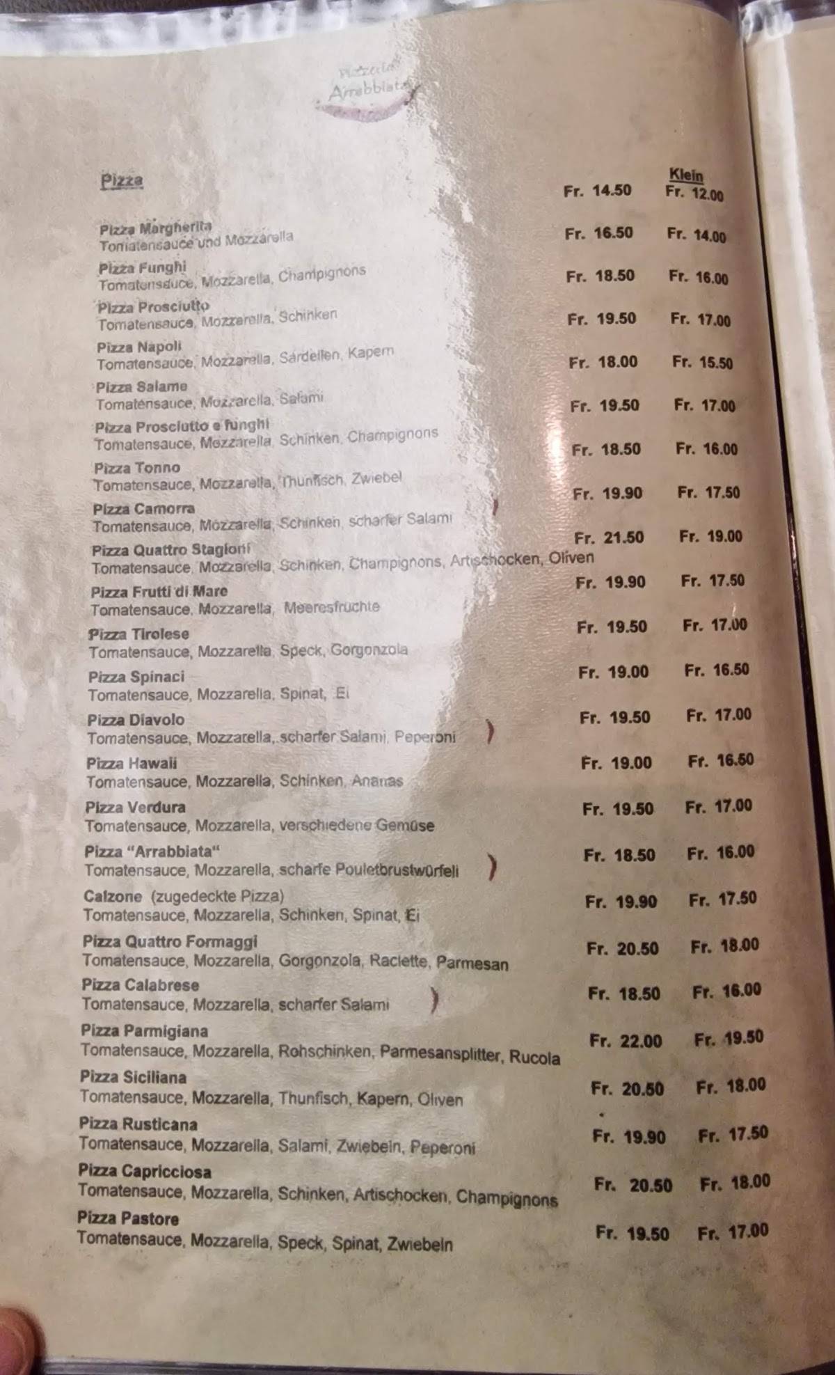 Speisekarte von Arrabbiata, Wittenbach, Im Zentrum 2B