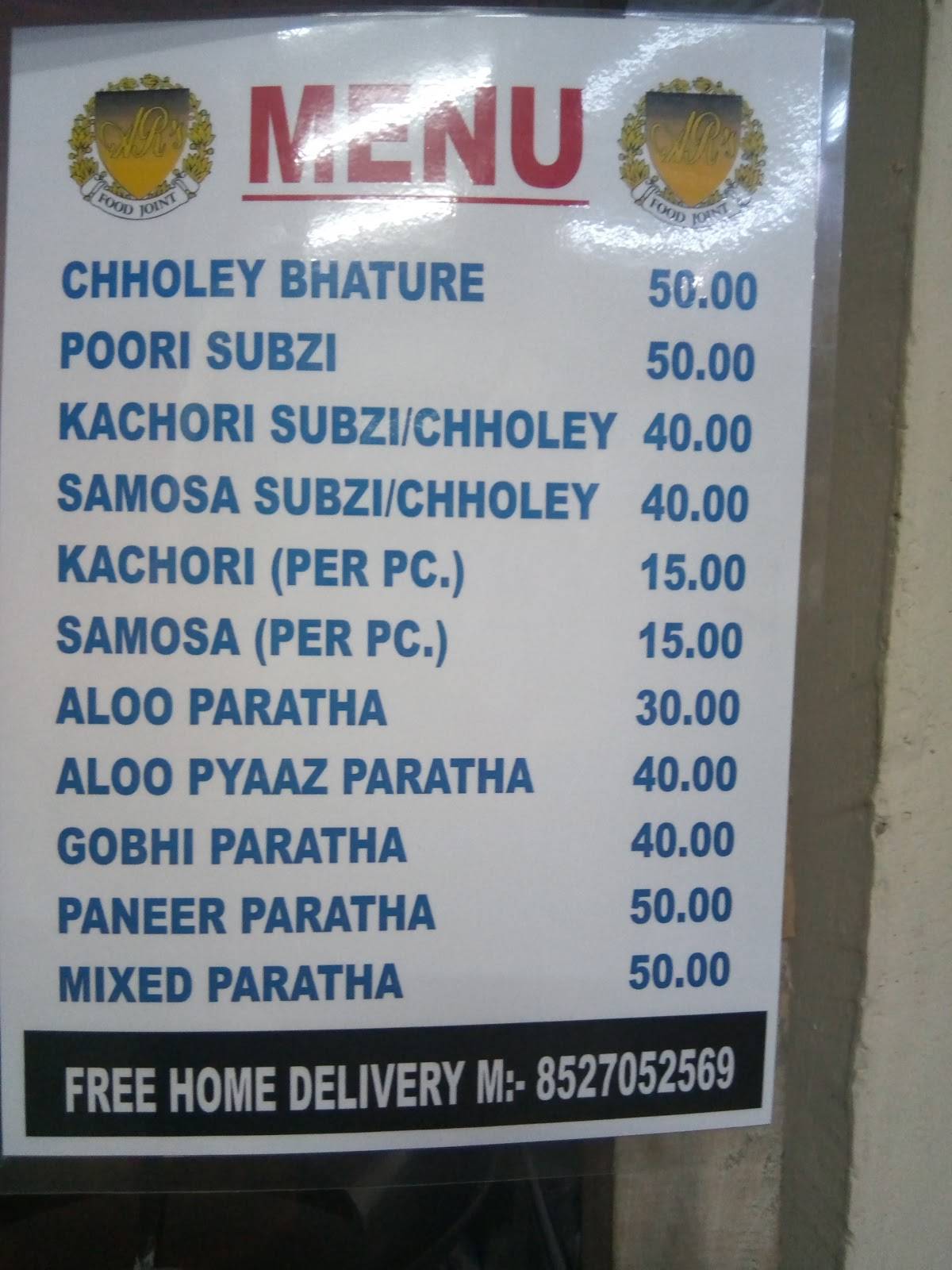 Menu at Ar's food joint, Noida