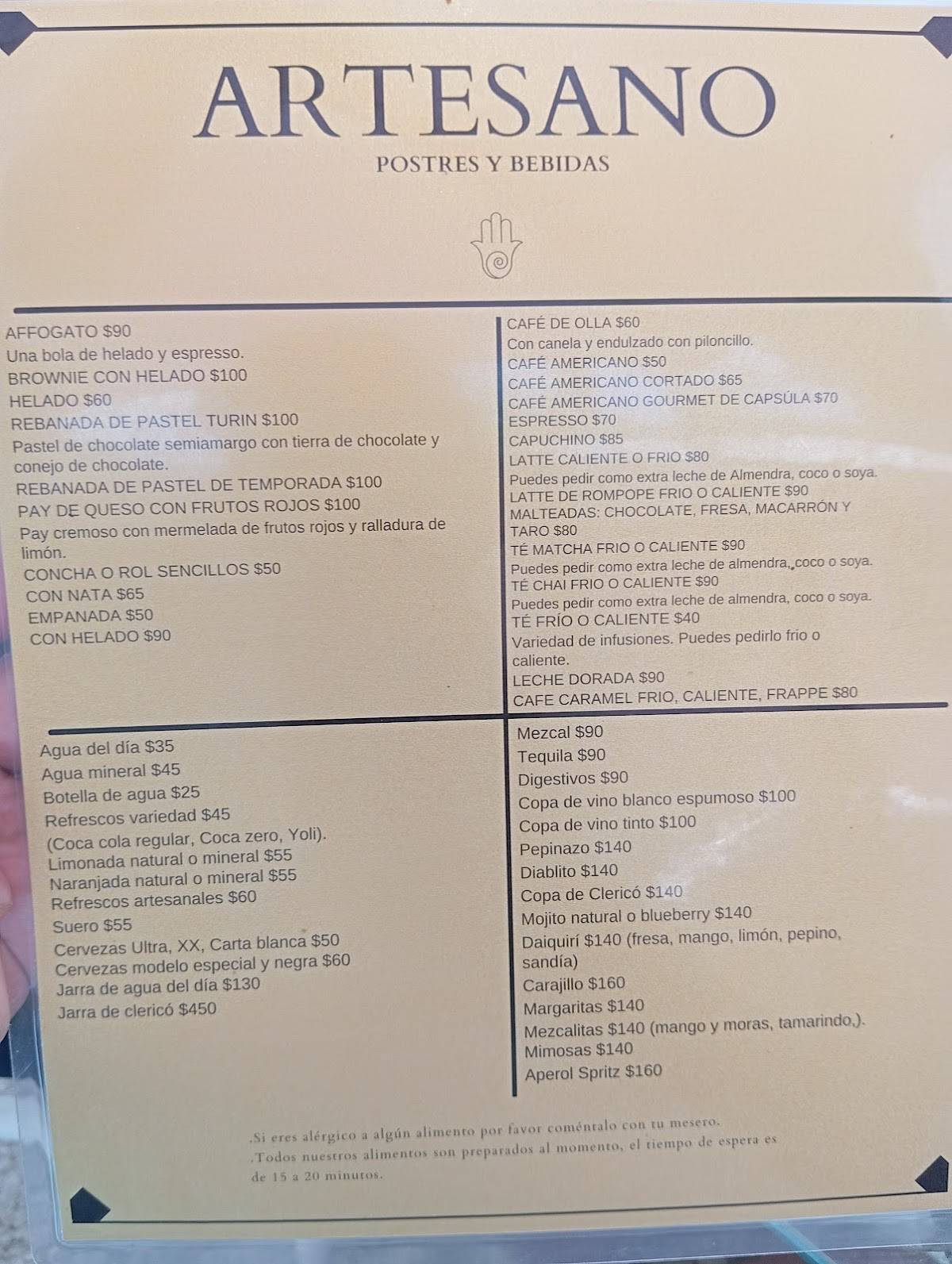 Carta del restaurante Artesano, Acapulco
