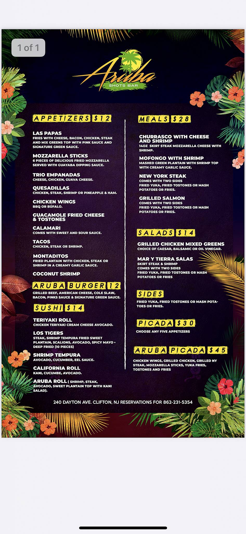 Carta de Aruba Lounge & restaurant, Paterson