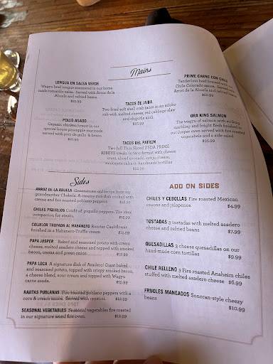 Menu at Asadero Prime steakhouse, Kent, 310 Washington Ave N
