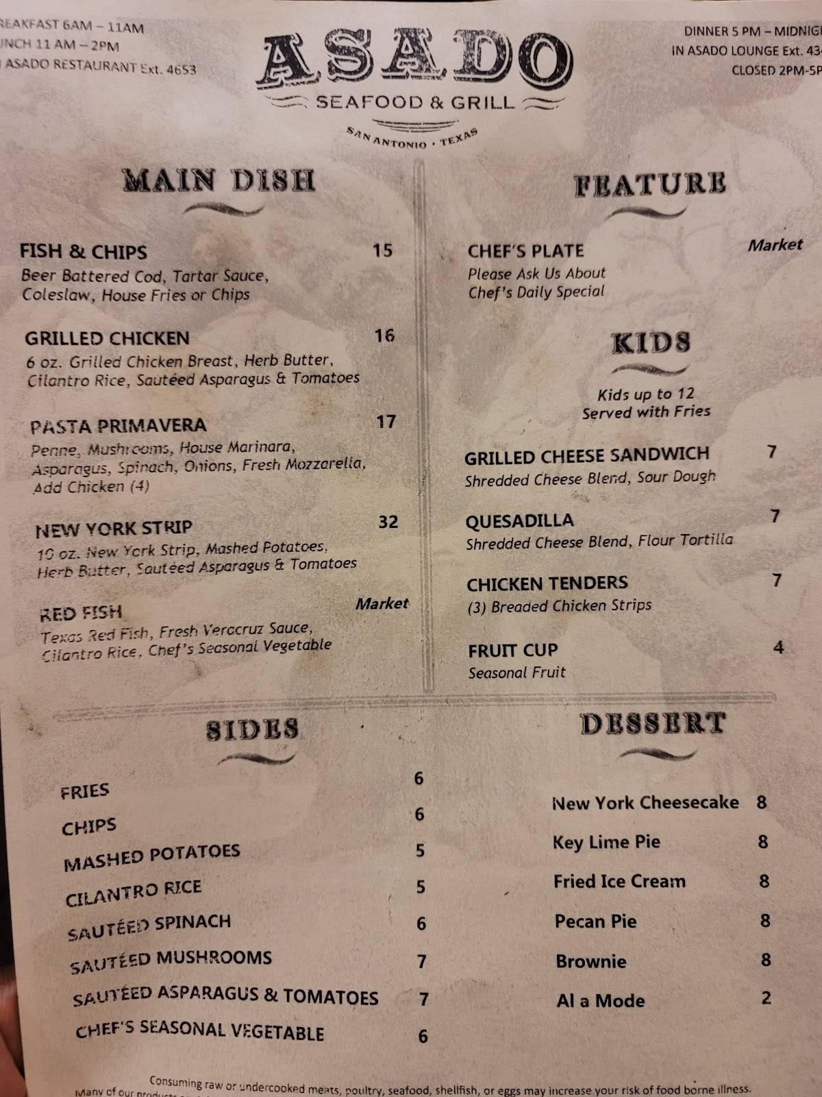 Menu at Asado Seafood & Grill pub & bar, San Antonio