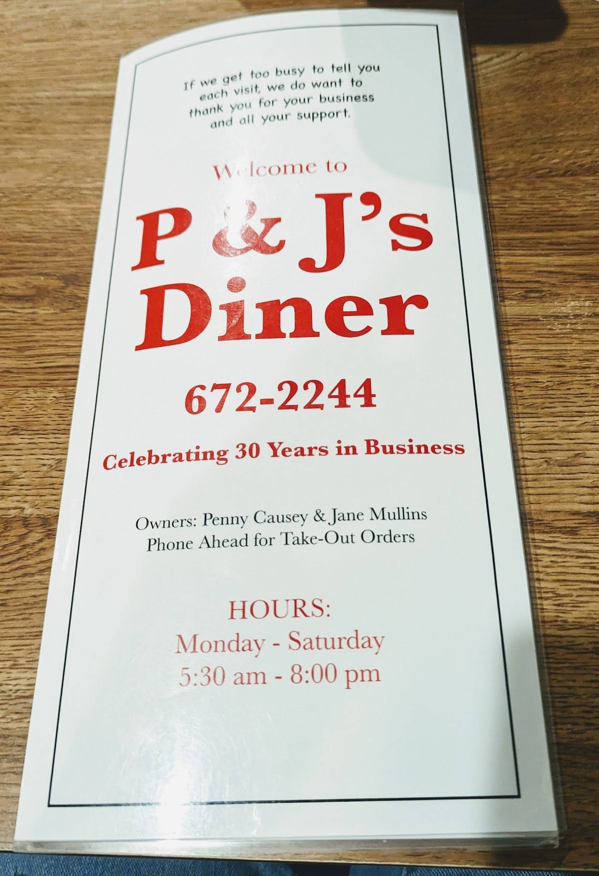 Menu at P & J's Diner restaurant, Asheboro