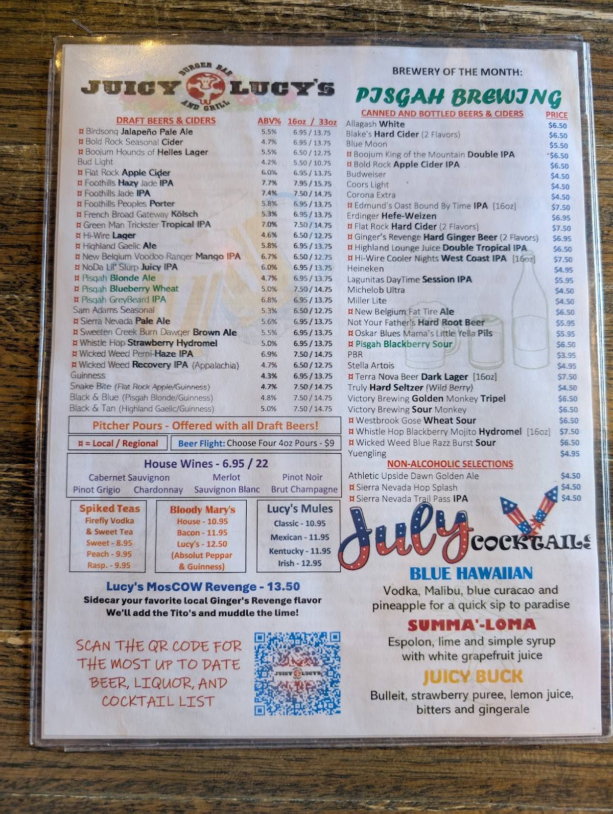 Menu at Juicy Lucy's Burger Bar and Grill, Asheville