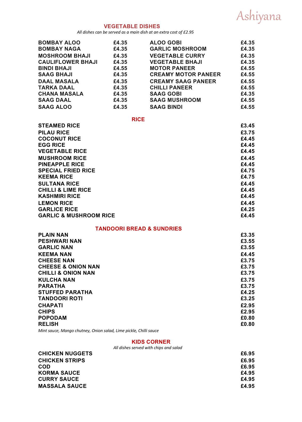Menu at Ashiyana restaurant, Luton