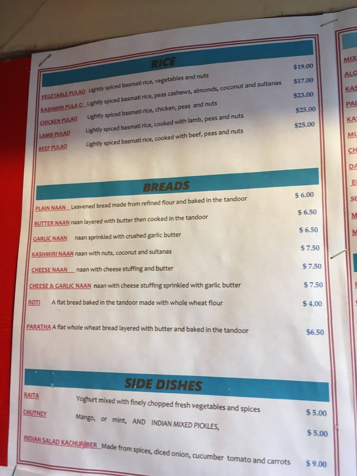 Menu at Ashraf's restaurant, Wanaka