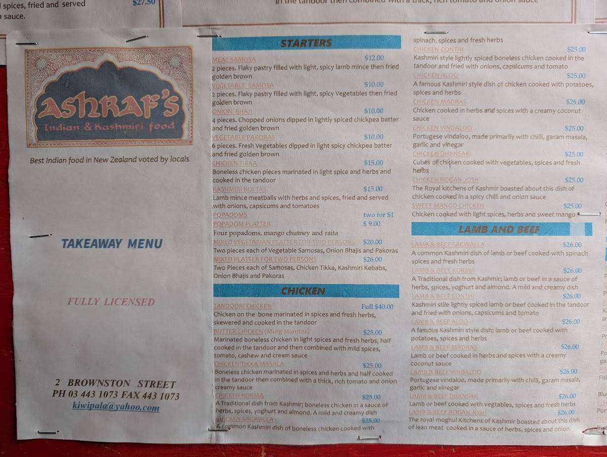 Menu at Ashraf's restaurant, Wanaka