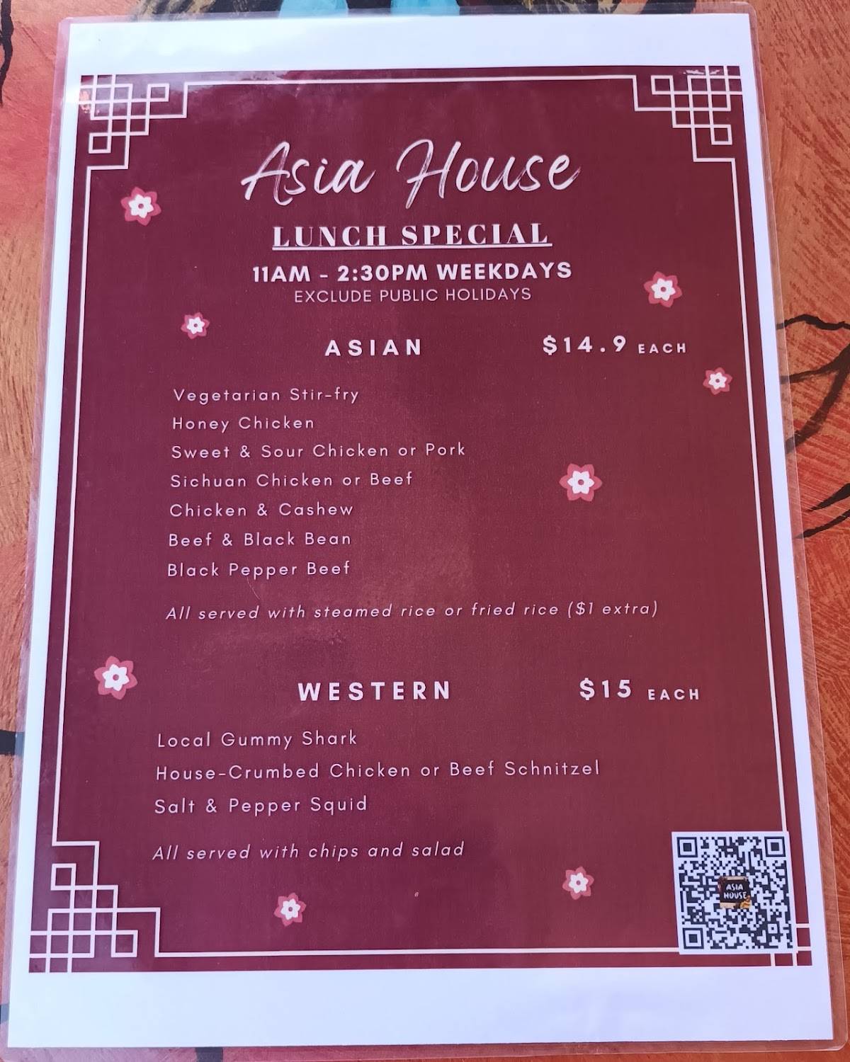 Menu at Asia House restaurant, Millicent