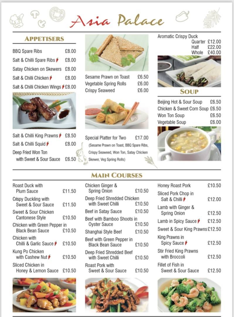 Menu at Asia Palace restaurant, Sheffield