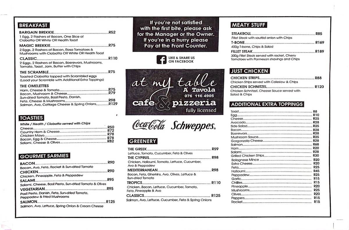 Menu at At My Table-Three Rivers restaurant, Vereeniging