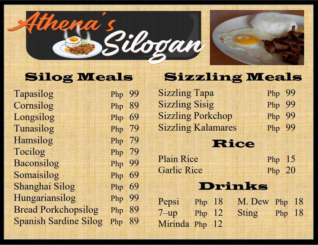Menu at Athenas Tapsilogan restaurant, Mandaue City