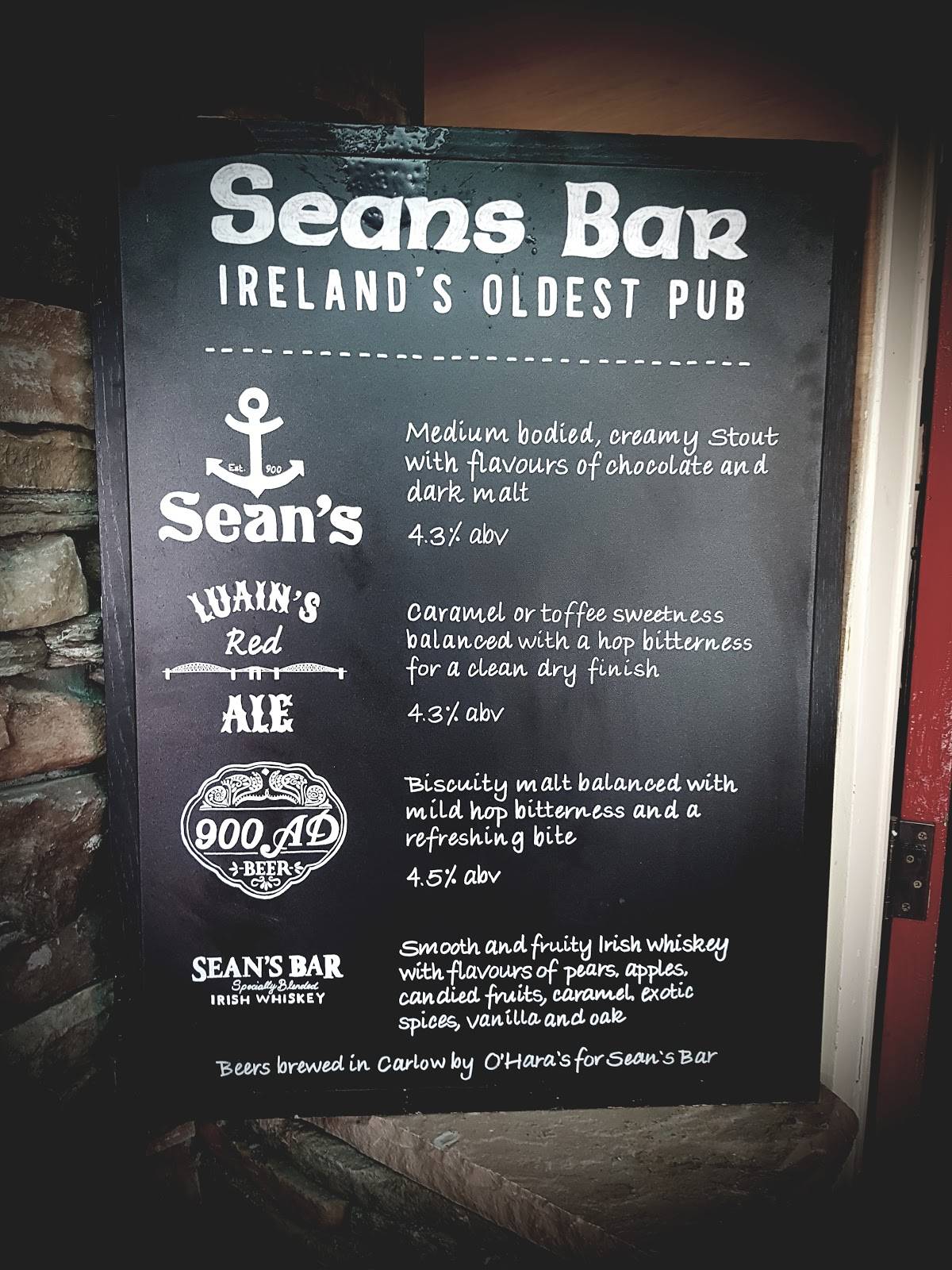 Menu at Sean's Bar, Athlone, 13 Main St