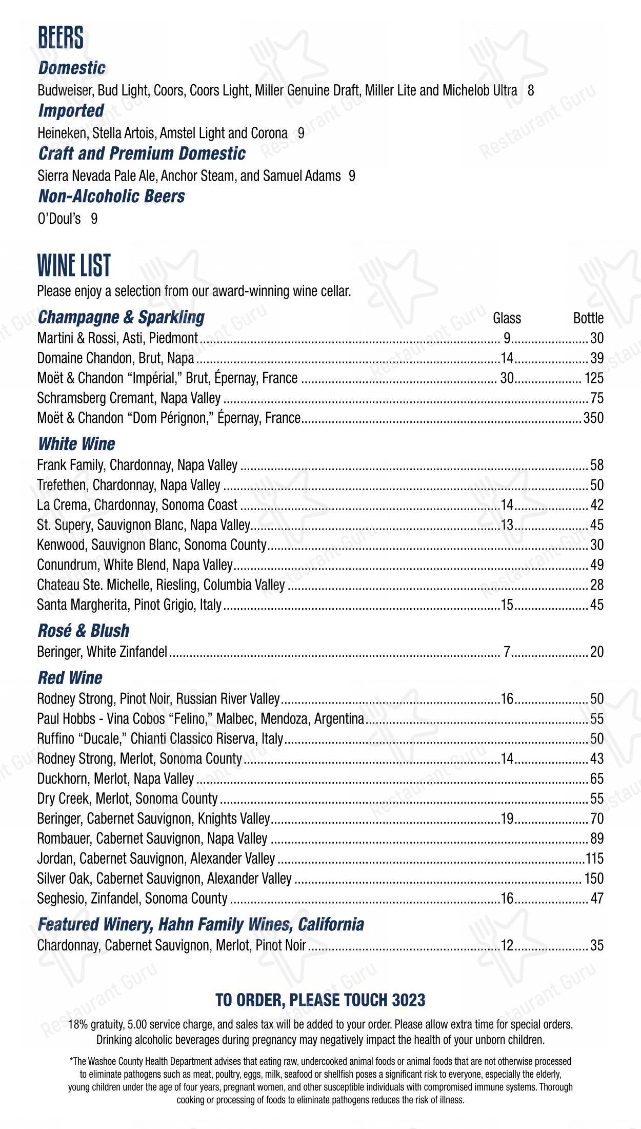 Menu at Atlantis Steakhouse, Reno