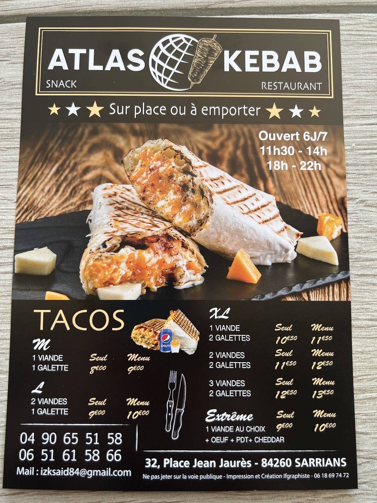 Menu au Atlas Kebab restaurant, Sarrians