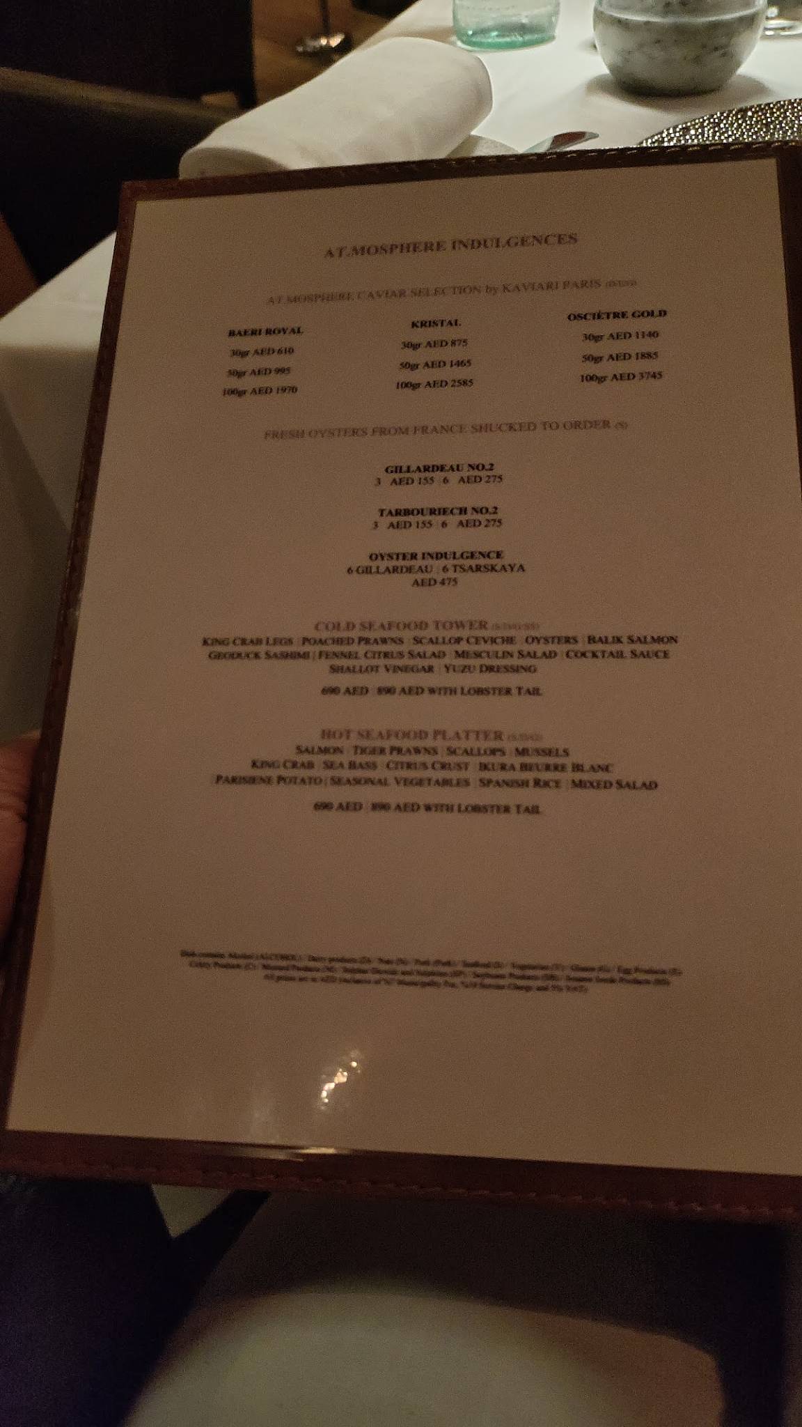 Menu at Atmosphere Burj Khalifa restaurant, Dubai, 57XF+J8R Burj ...