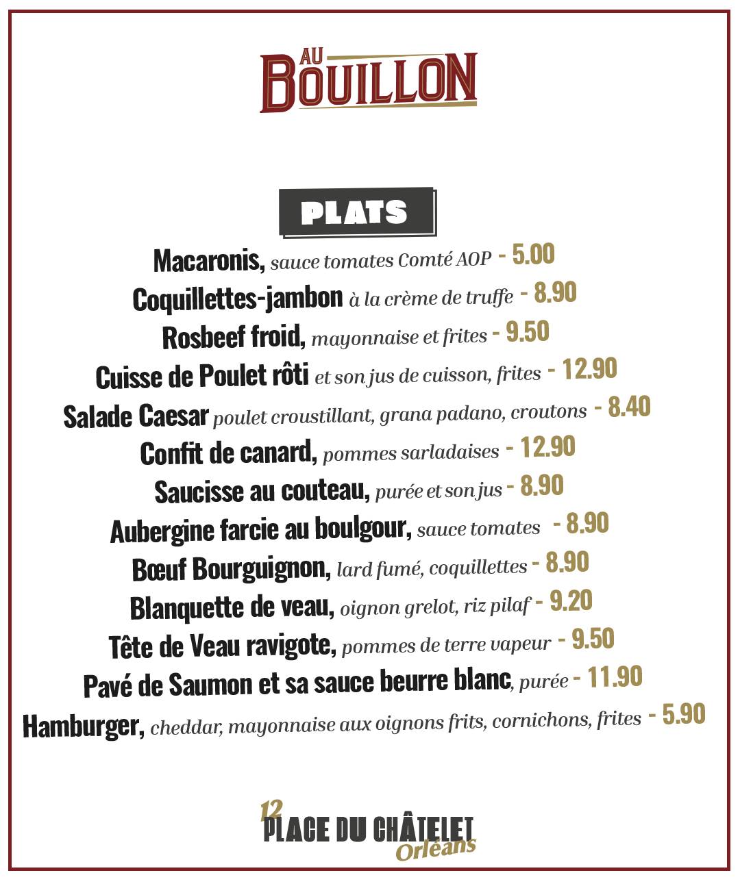 Menu au Au Bouillon pub et bar, Orléans