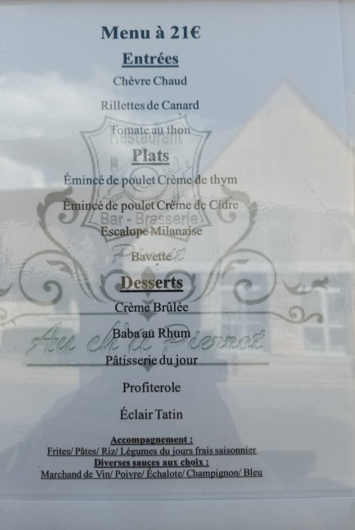 Menu au Au Ch'ti Pierrot restaurant, Allouis