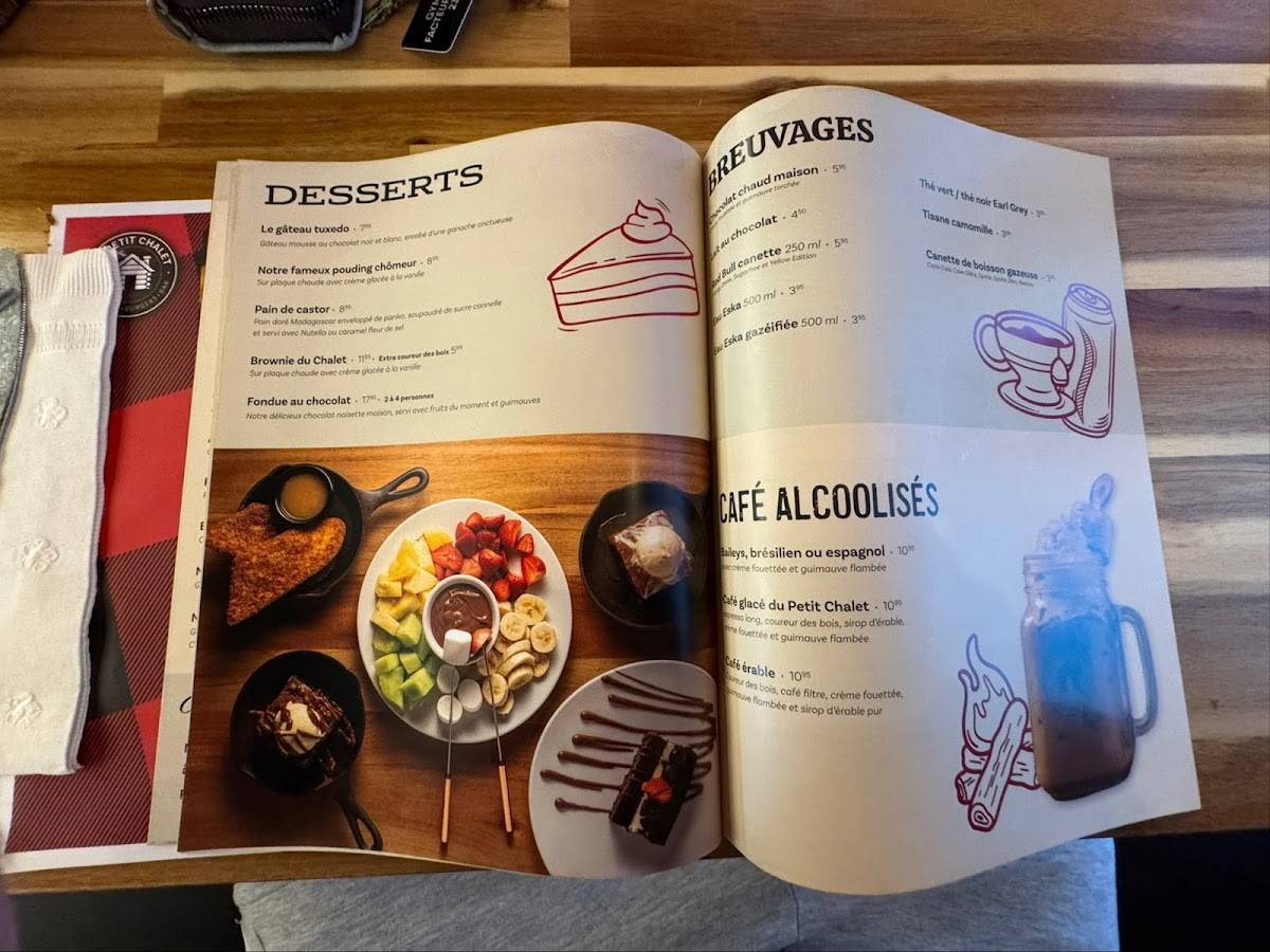 Menu au Au Petit Chalet restaurant, Québec, 840 Rue Bouvier