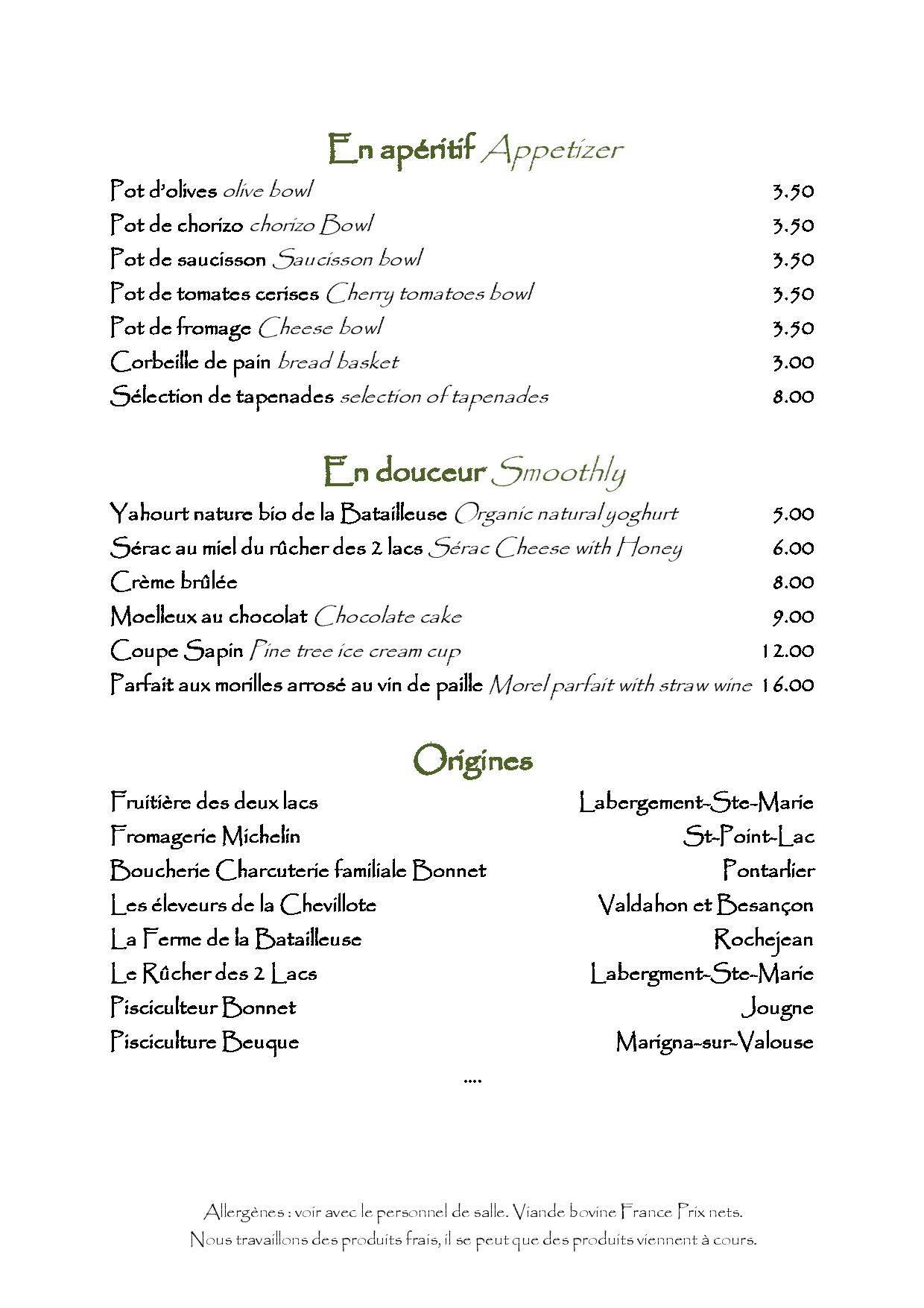 Menu au Auberge Du Coude restaurant, Labergement-Sainte-Marie
