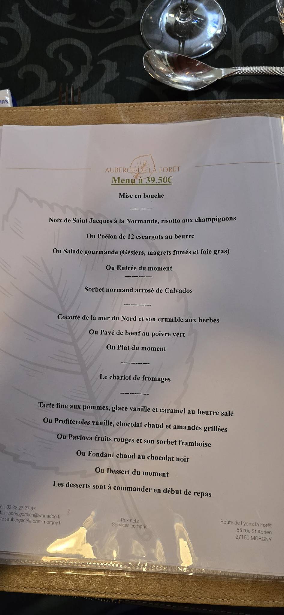 Menu au Auberge de la Forêt restaurant, Morgny