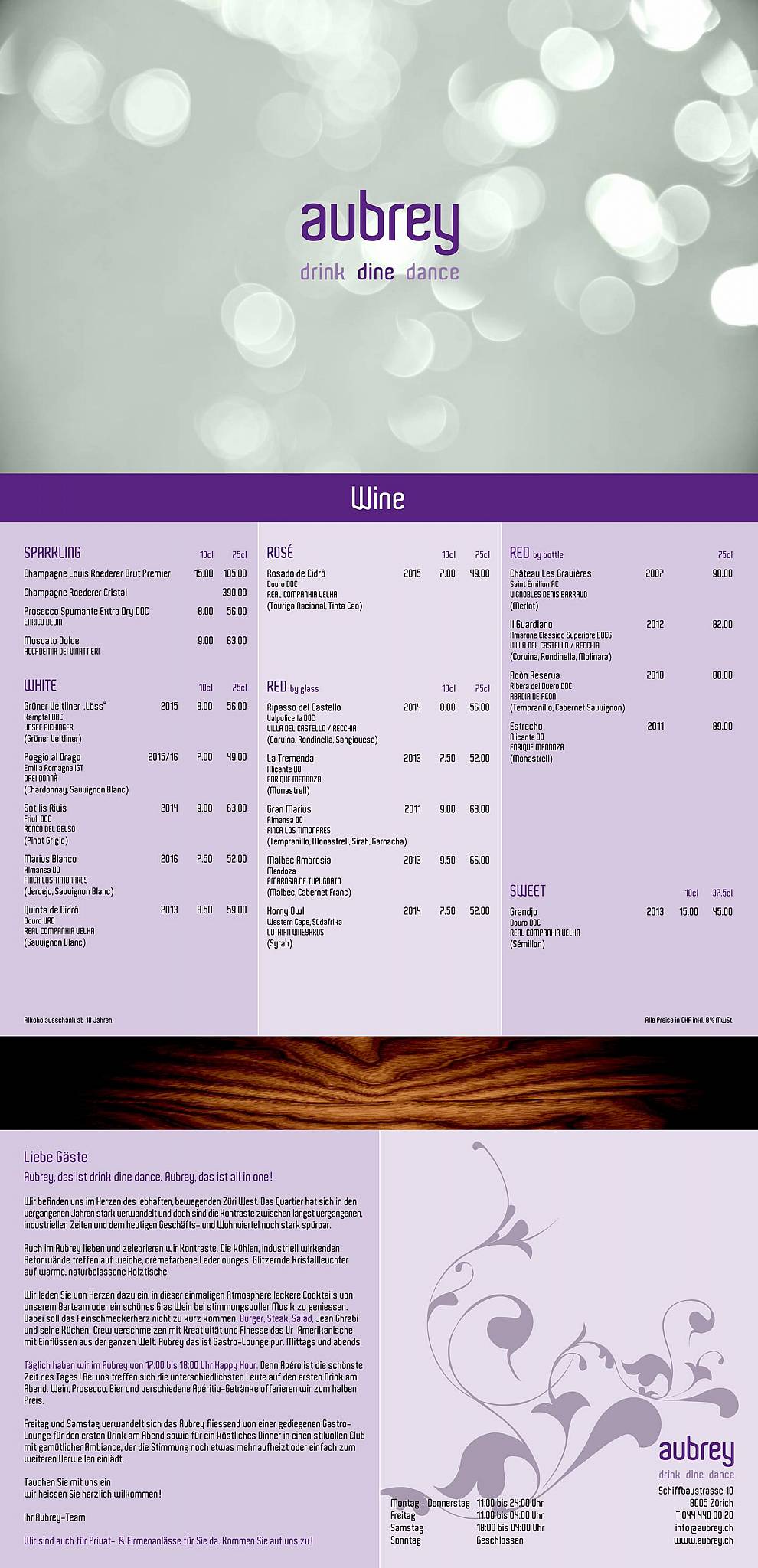 Menu at Aubrey, Zürich