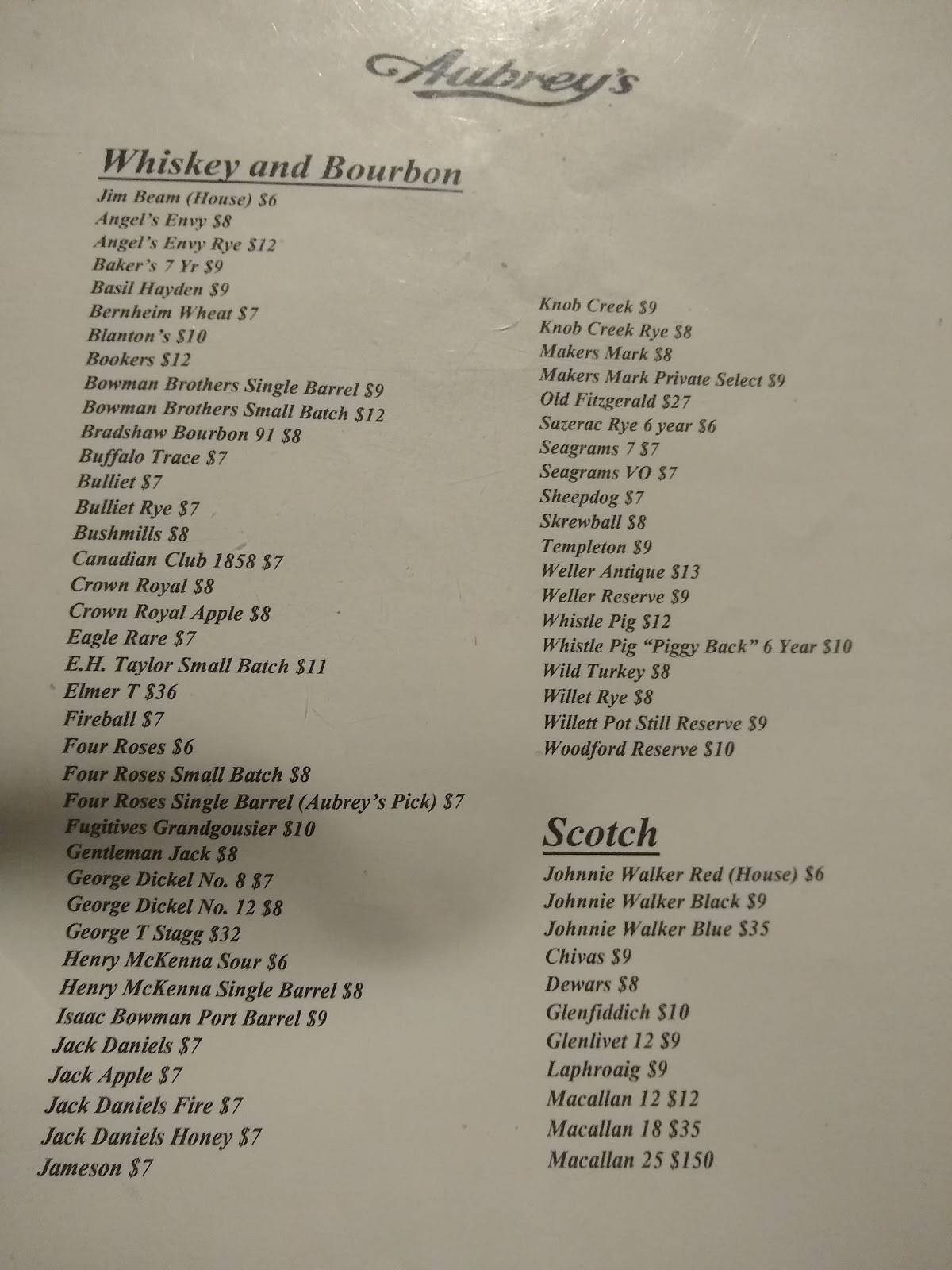 Menu at Aubrey's pub & bar, Greeneville