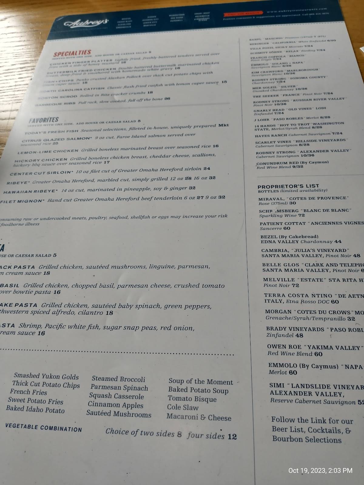 Menu at Aubrey's Greeneville TN pub & bar, Greeneville