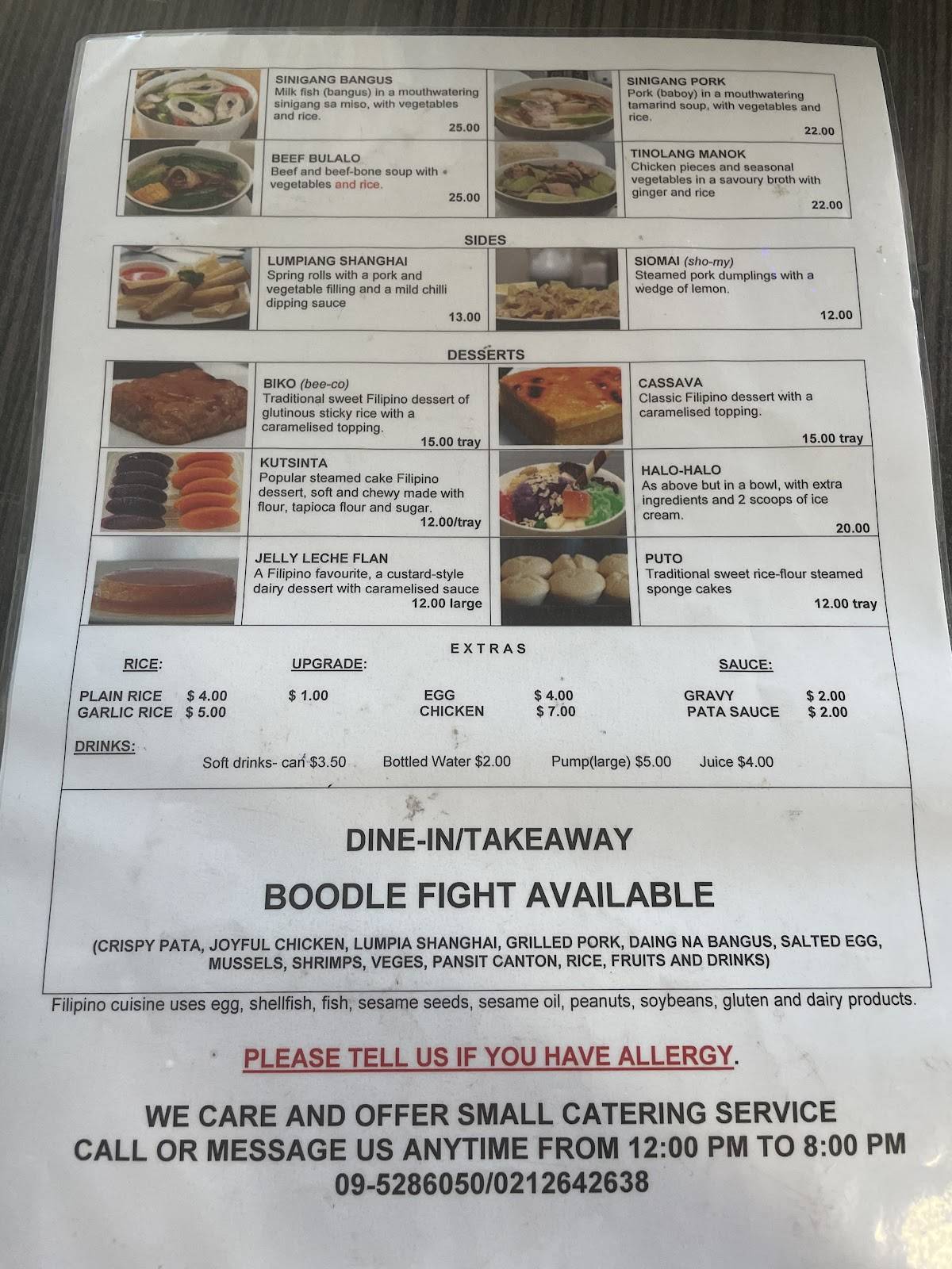 Menu at Turo-Turo Philippine Cafe, Auckland, 26 Mayfair Pl